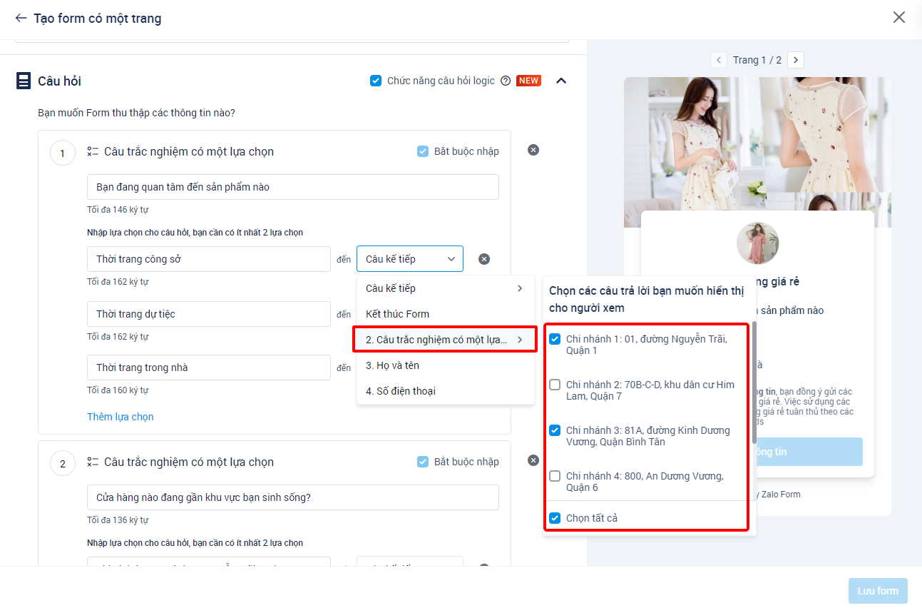 Thiết lập câu trả lời logic trong quảng cáo Zalo Form - SKTMedia